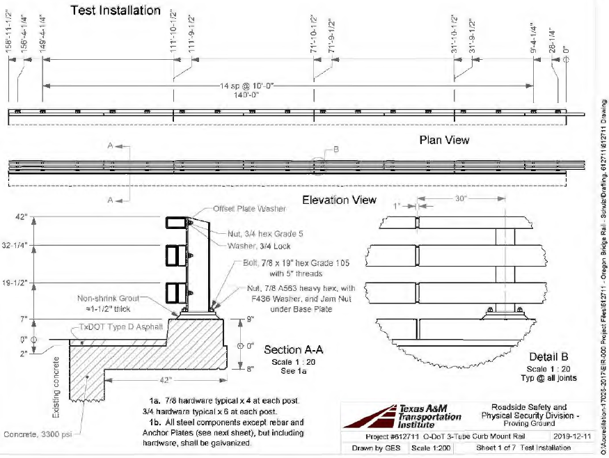 Oregon 3-Tube Curb Mount Bridge Rail - Roadside Safety Pooled Fund